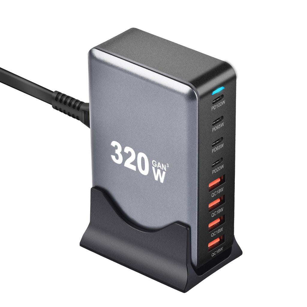 320W GaN 8-Port USB-C Charger, Fast PD & QC Charging for Multiple Devices