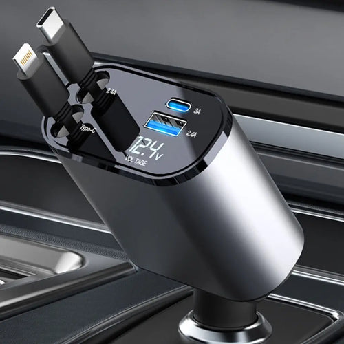 Retractable 4-in-1 Fast Car Charger USB-C Lightning iPhone Android