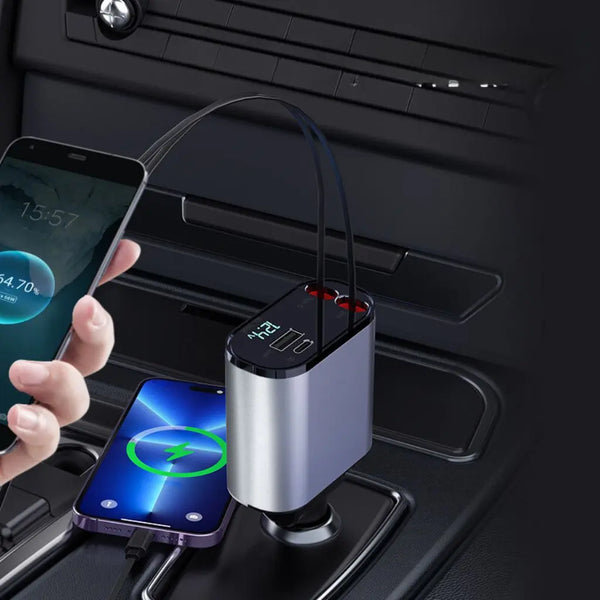 Retractable 4-in-1 Fast Car Charger USB-C Lightning iPhone Android